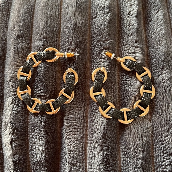 Jewelry | Never Worn Gold Chain Link Hoops With Black Fabric Inside ...